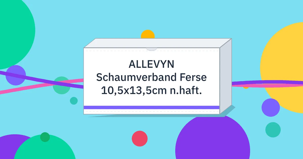 Symbolbild: Packung mit der Aufschrift ALLEVYN Schaumverband Ferse 10,5x13,5cm n.haft. (PZN 19874888) – Verfügbarkeit und Bezug in Apotheken in Frankfurt am Main