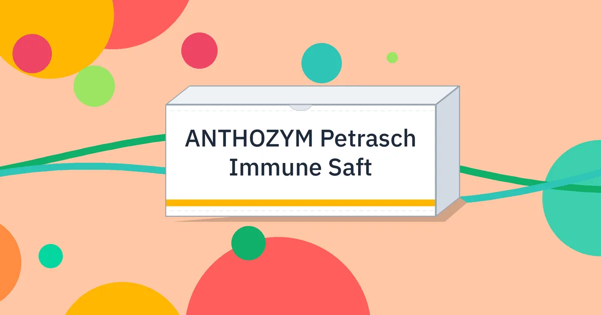 Symbolbild: Packung mit der Aufschrift ANTHOZYM Petrasch Immune Saft (PZN 20808980) – Verfügbarkeit und Bezug in Apotheken in Frankfurt am Main