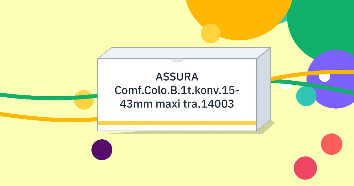 Symbolbild: Packung mit der Aufschrift ASSURA Comf.Colo.B.1t.konv.15-43mm maxi tra.14003 (PZN 01689653) – Verfügbarkeit und Bezug in Apotheken in Frankfurt am Main