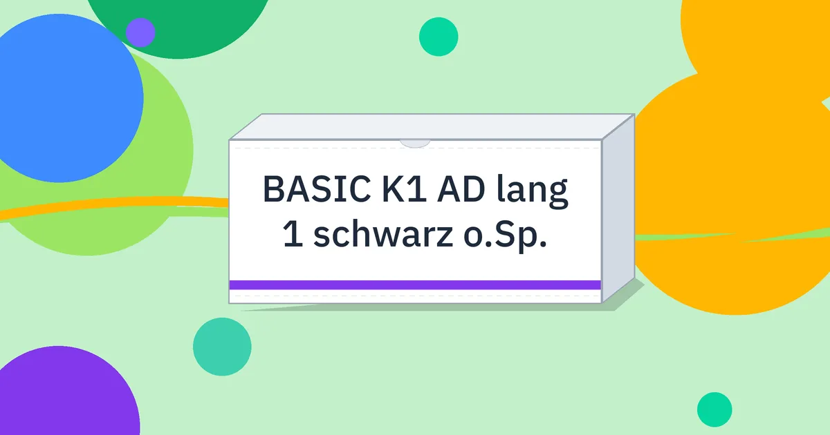 Symbolbild: Packung mit der Aufschrift BASIC K1 AD lang 1 schwarz o.Sp. (PZN 20256813) – Verfügbarkeit und Bezug in Apotheken in Frankfurt am Main
