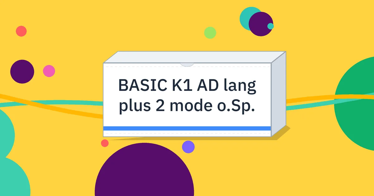 Symbolbild: Packung mit der Aufschrift BASIC K1 AD lang plus 2 mode o.Sp. (PZN 20257646) – Verfügbarkeit und Bezug in Apotheken in Frankfurt am Main
