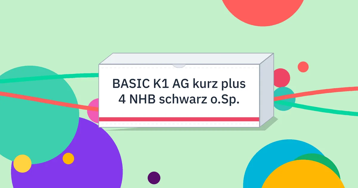 Symbolbild: Packung mit der Aufschrift BASIC K1 AG kurz plus 4 NHB schwarz o.Sp. (PZN 20260855) – Verfügbarkeit und Bezug in Apotheken in Frankfurt am Main