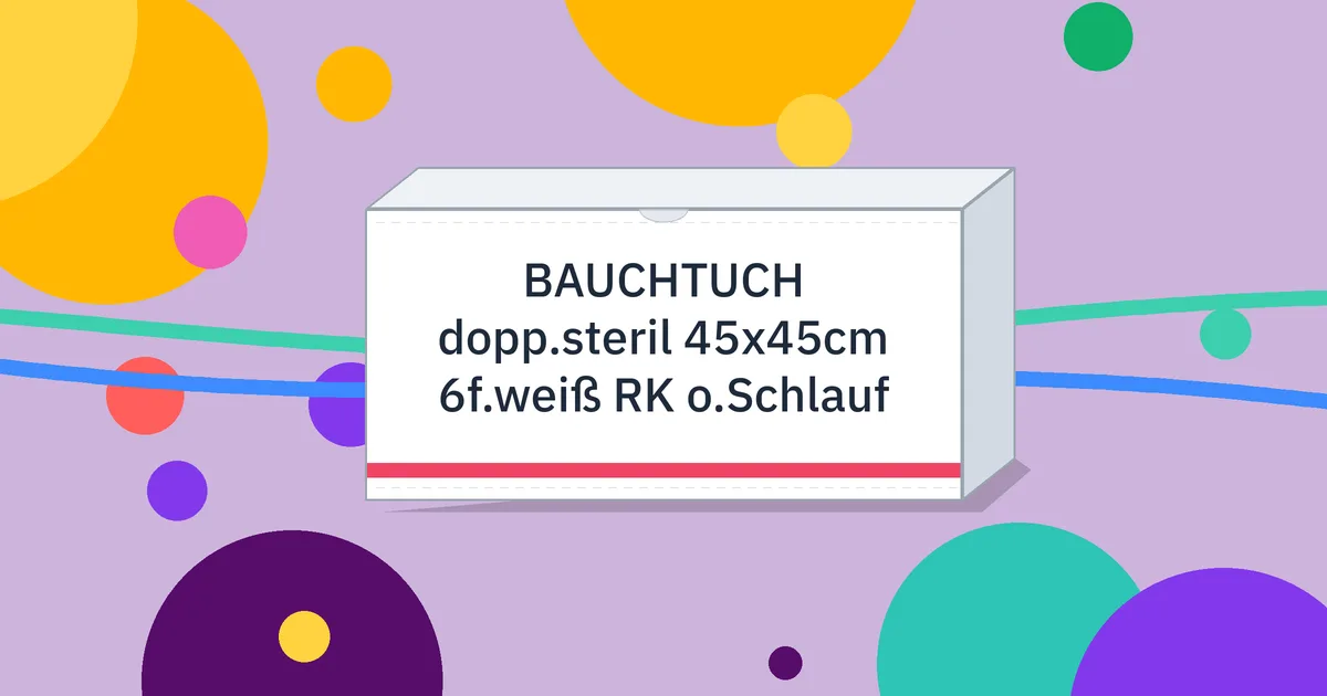 Symbolbild: Packung mit der Aufschrift BAUCHTUCH dopp.steril 45x45cm 6f.weiß RK o.Schlauf (PZN 13166363) – Verfügbarkeit und Bezug in Apotheken in Frankfurt am Main