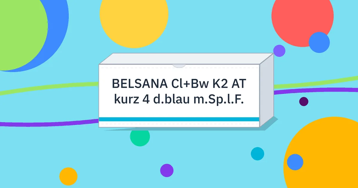 Symbolbild: Packung mit der Aufschrift BELSANA Cl+Bw K2 AT kurz 4 d.blau m.Sp.l.F. (PZN 15627934) – Verfügbarkeit und Bezug in Apotheken in Frankfurt am Main