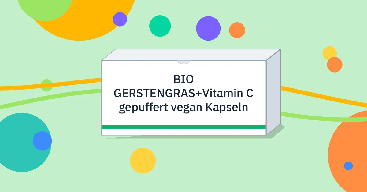 Symbolbild: Packung mit der Aufschrift BIO GERSTENGRAS+Vitamin C gepuffert vegan Kapseln (PZN 20207140) – Verfügbarkeit und Bezug in Apotheken in Frankfurt am Main