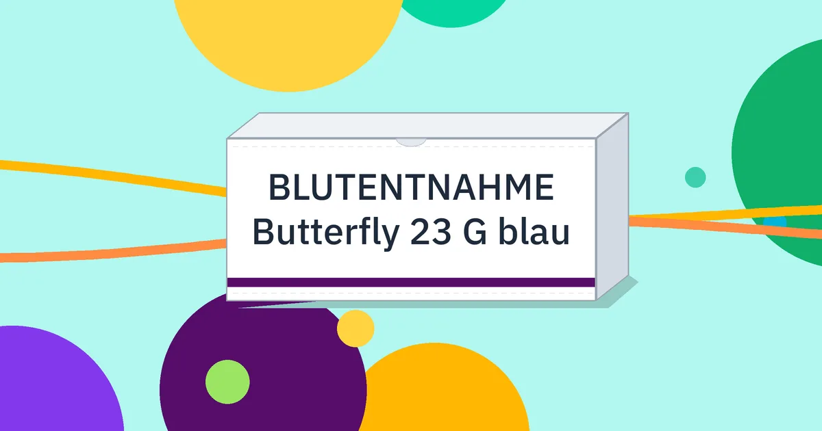 Symbolbild: Packung mit der Aufschrift BLUTENTNAHME Butterfly 23 G blau (PZN 09618925) – Verfügbarkeit und Bezug in Apotheken in Frankfurt am Main