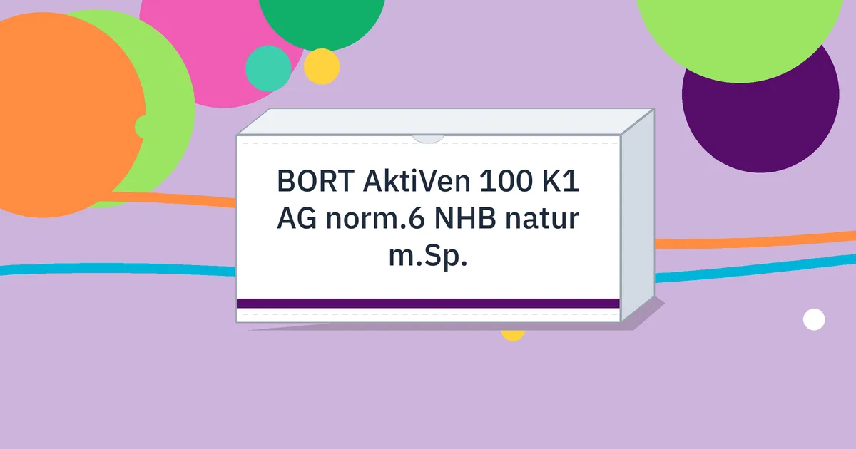 Symbolbild: Packung mit der Aufschrift BORT AktiVen 100 K1 AG norm.6 NHB natur m.Sp. (PZN 13729731) – Verfügbarkeit und Bezug in Apotheken in Frankfurt am Main