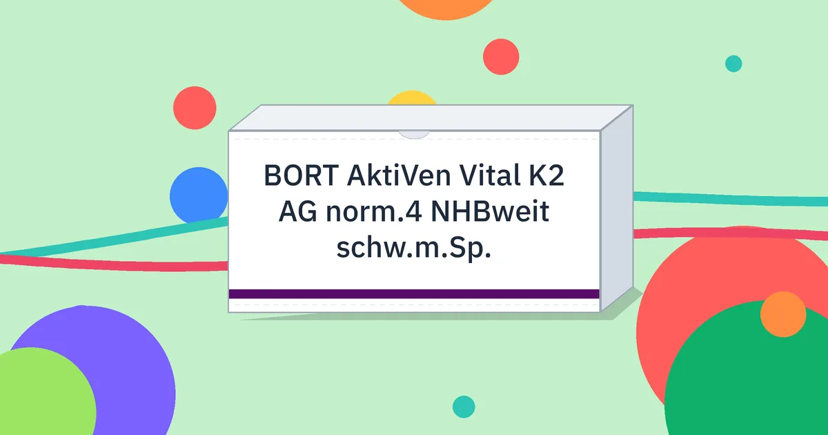 Symbolbild: Packung mit der Aufschrift BORT AktiVen Vital K2 AG norm.4 NHBweit schw.m.Sp. (PZN 12385175) – Verfügbarkeit und Bezug in Apotheken in Frankfurt am Main