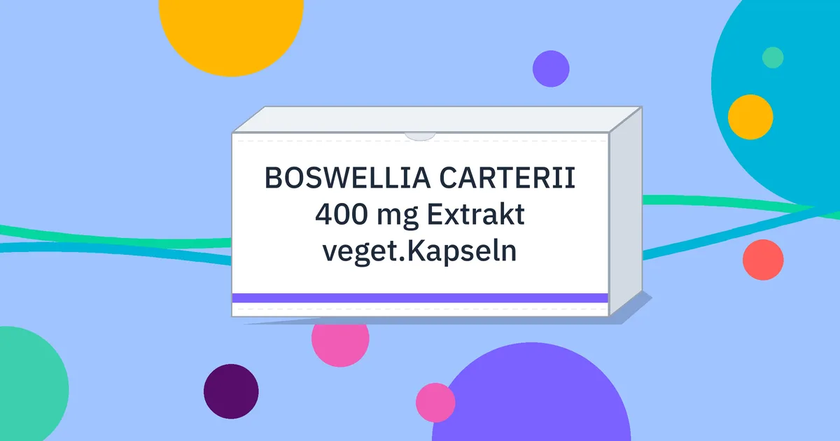 Symbolbild: Packung mit der Aufschrift BOSWELLIA CARTERII 400 mg Extrakt veget.Kapseln (PZN 07779529) – Verfügbarkeit und Bezug in Apotheken in Frankfurt am Main