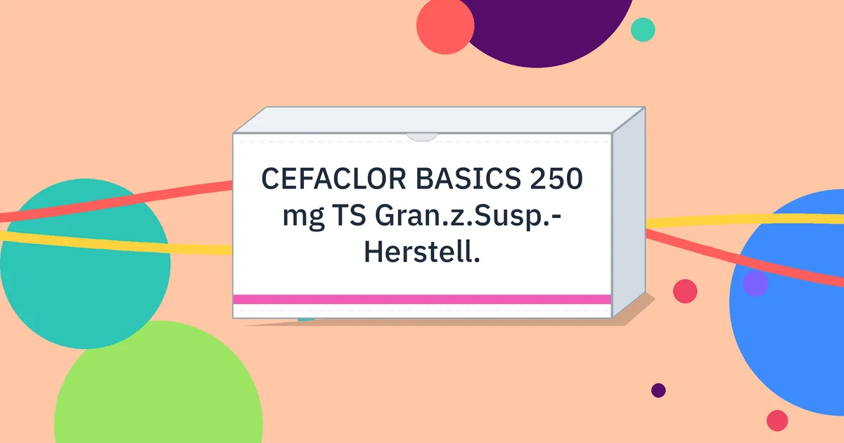 Symbolbild: Packung mit der Aufschrift CEFACLOR BASICS 250 mg TS Gran.z.Susp.-Herstell. (PZN 02231502) – Verfügbarkeit und Bezug in Apotheken in Frankfurt am Main