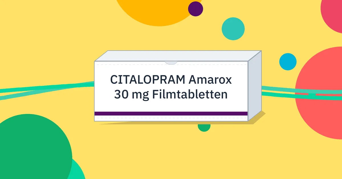 Symbolbild: Packung mit der Aufschrift CITALOPRAM Amarox 30 mg Filmtabletten (PZN 17907566) – Verfügbarkeit und Bezug in Apotheken in Frankfurt am Main