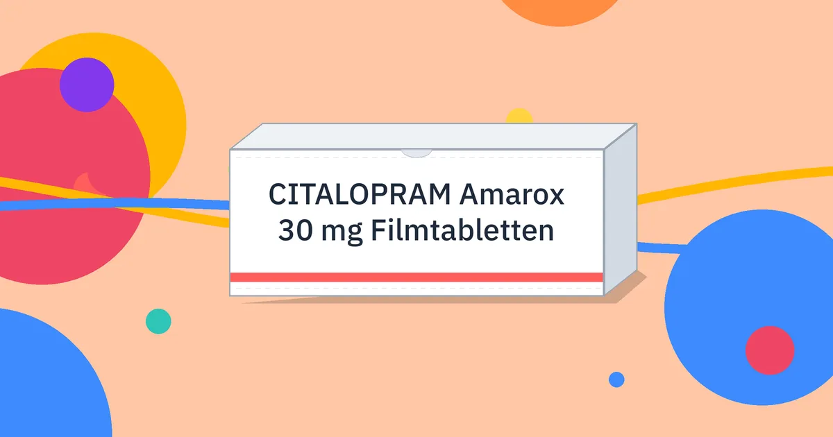 Symbolbild: Packung mit der Aufschrift CITALOPRAM Amarox 30 mg Filmtabletten (PZN 17907537) – Verfügbarkeit und Bezug in Apotheken in Frankfurt am Main