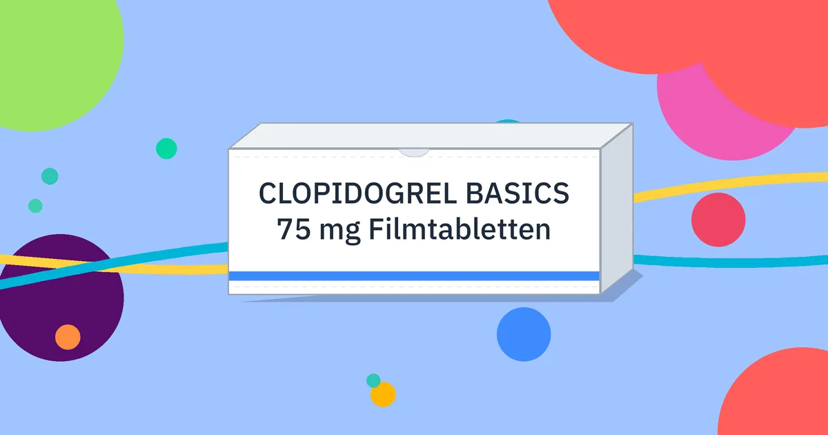 Symbolbild: Packung mit der Aufschrift CLOPIDOGREL BASICS 75 mg Filmtabletten (PZN 09942459) – Verfügbarkeit und Bezug in Apotheken in Frankfurt am Main