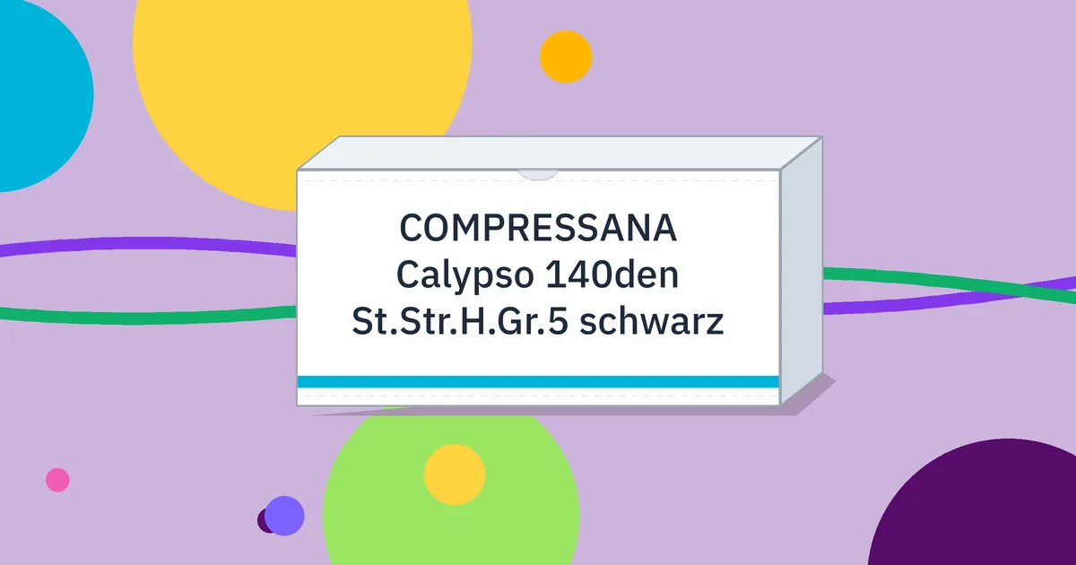 Symbolbild: Packung mit der Aufschrift COMPRESSANA Calypso 140den St.Str.H.Gr.5 schwarz (PZN 07720387) – Verfügbarkeit und Bezug in Apotheken in Frankfurt am Main