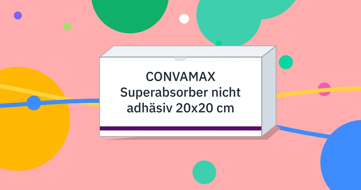 Symbolbild: Packung mit der Aufschrift CONVAMAX Superabsorber nicht adhäsiv 20x20 cm (PZN 20124773) – Verfügbarkeit und Bezug in Apotheken in Frankfurt am Main