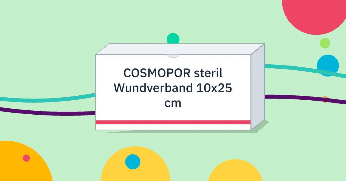 Symbolbild: Packung mit der Aufschrift COSMOPOR steril Wundverband 10x25 cm (PZN 15823486) – Verfügbarkeit und Bezug in Apotheken in Frankfurt am Main