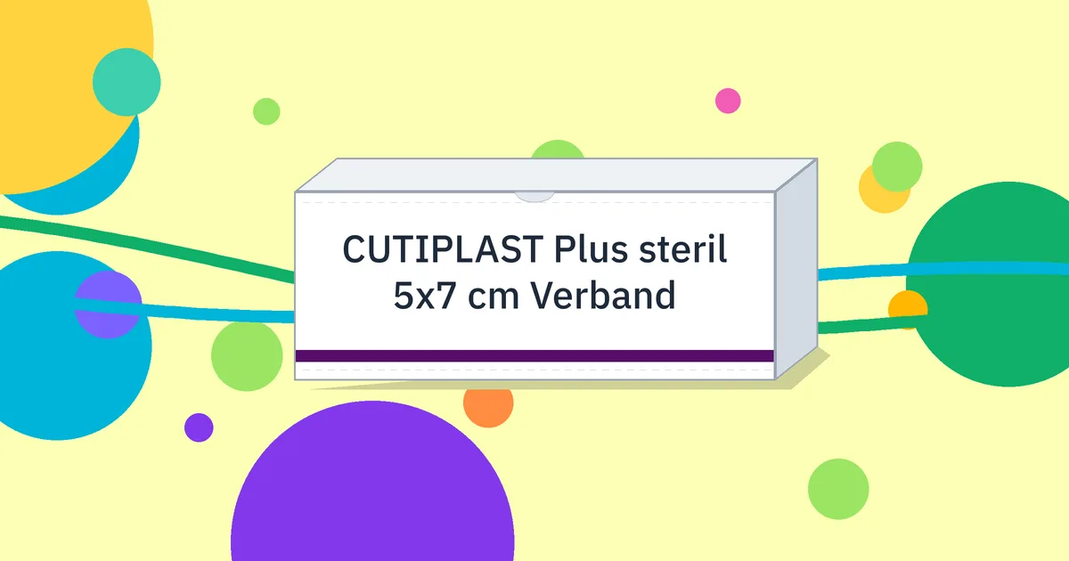 Symbolbild: Packung mit der Aufschrift CUTIPLAST Plus steril 5x7 cm Verband (PZN 09732638) – Verfügbarkeit und Bezug in Apotheken in Frankfurt am Main