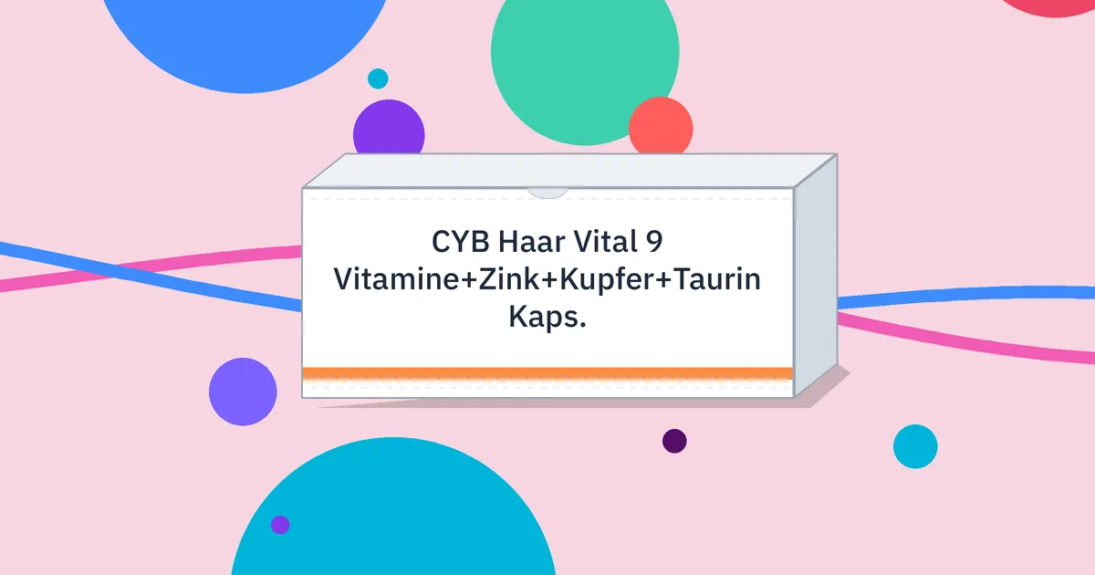 Symbolbild: Packung mit der Aufschrift CYB Haar Vital 9 Vitamine+Zink+Kupfer+Taurin Kaps. (PZN 18492541) – Verfügbarkeit und Bezug in Apotheken in Frankfurt am Main