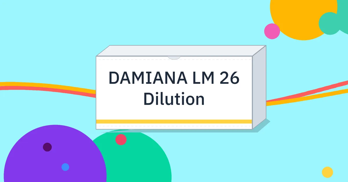 Symbolbild: Packung mit der Aufschrift DAMIANA LM 26 Dilution (PZN 13461174) – Verfügbarkeit und Bezug in Apotheken in Frankfurt am Main