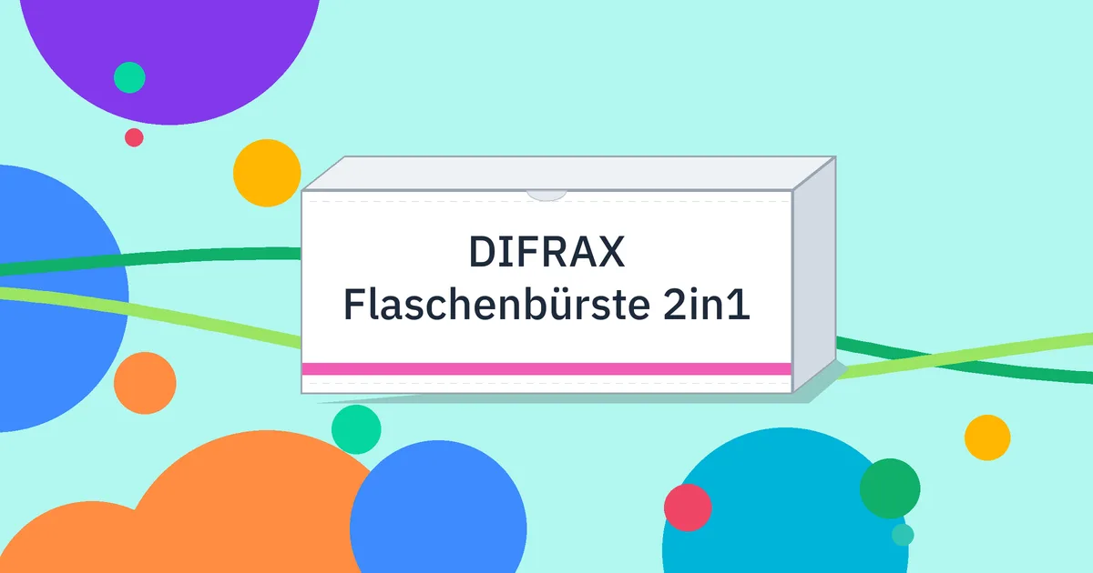Symbolbild: Packung mit der Aufschrift DIFRAX Flaschenbürste 2in1 (PZN 15734162) – Verfügbarkeit und Bezug in Apotheken in Frankfurt am Main