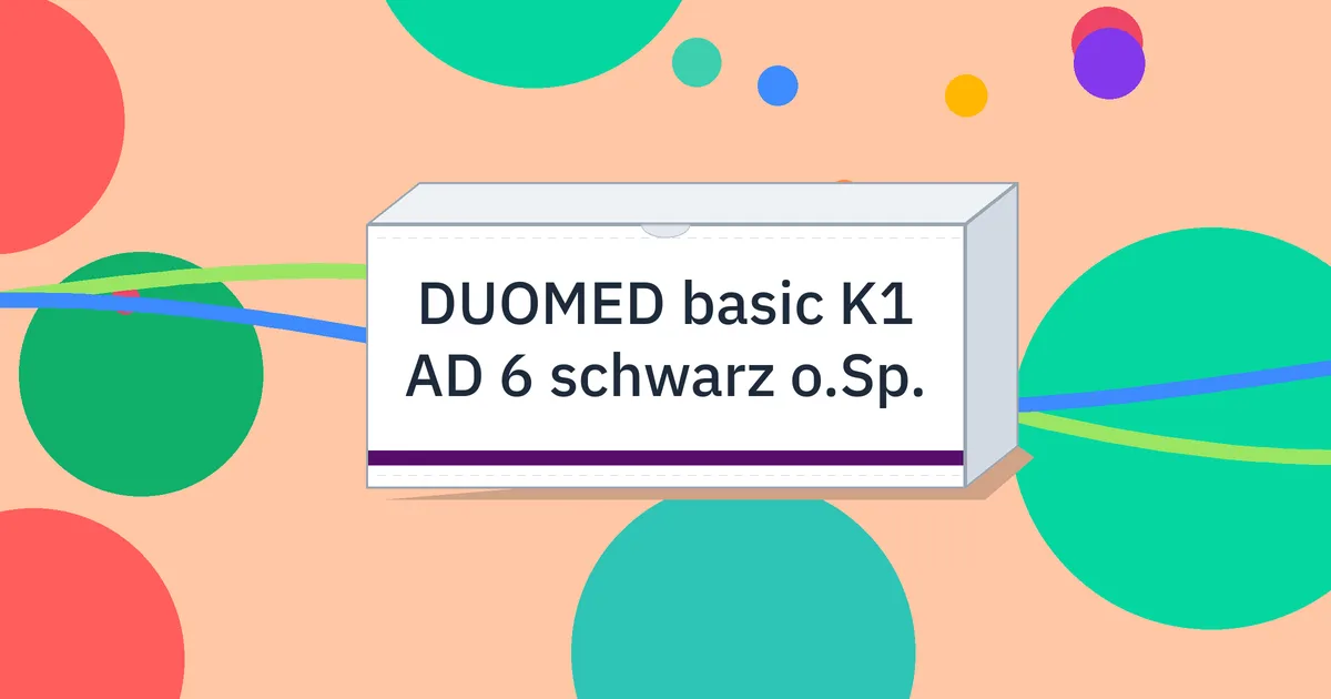 Symbolbild: Packung mit der Aufschrift DUOMED basic K1 AD 6 schwarz o.Sp. (PZN 20903402) – Verfügbarkeit und Bezug in Apotheken in Frankfurt am Main