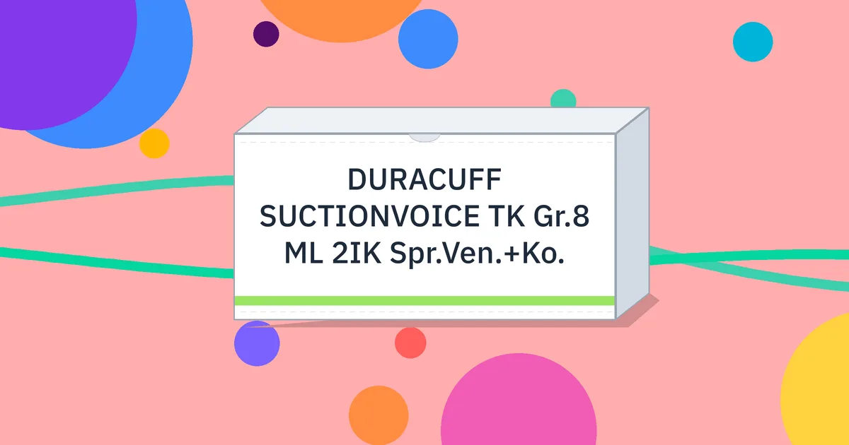 Symbolbild: Packung mit der Aufschrift DURACUFF SUCTIONVOICE TK Gr.8 ML 2IK Spr.Ven.+Ko. (PZN 04961305) – Verfügbarkeit und Bezug in Apotheken in Frankfurt am Main