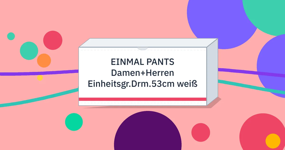 Symbolbild: Packung mit der Aufschrift EINMAL PANTS Damen+Herren Einheitsgr.Drm.53cm weiß (PZN 12146223) – Verfügbarkeit und Bezug in Apotheken in Frankfurt am Main