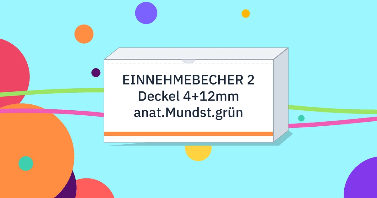 Symbolbild: Packung mit der Aufschrift EINNEHMEBECHER 2 Deckel 4+12mm anat.Mundst.grün (PZN 10637862) – Verfügbarkeit und Bezug in Apotheken in Frankfurt am Main