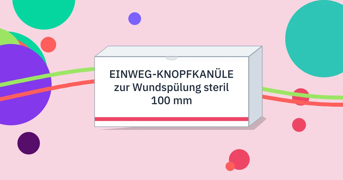 Symbolbild: Packung mit der Aufschrift EINWEG-KNOPFKANÜLE zur Wundspülung steril 100 mm (PZN 16956901) – Verfügbarkeit und Bezug in Apotheken in Frankfurt am Main