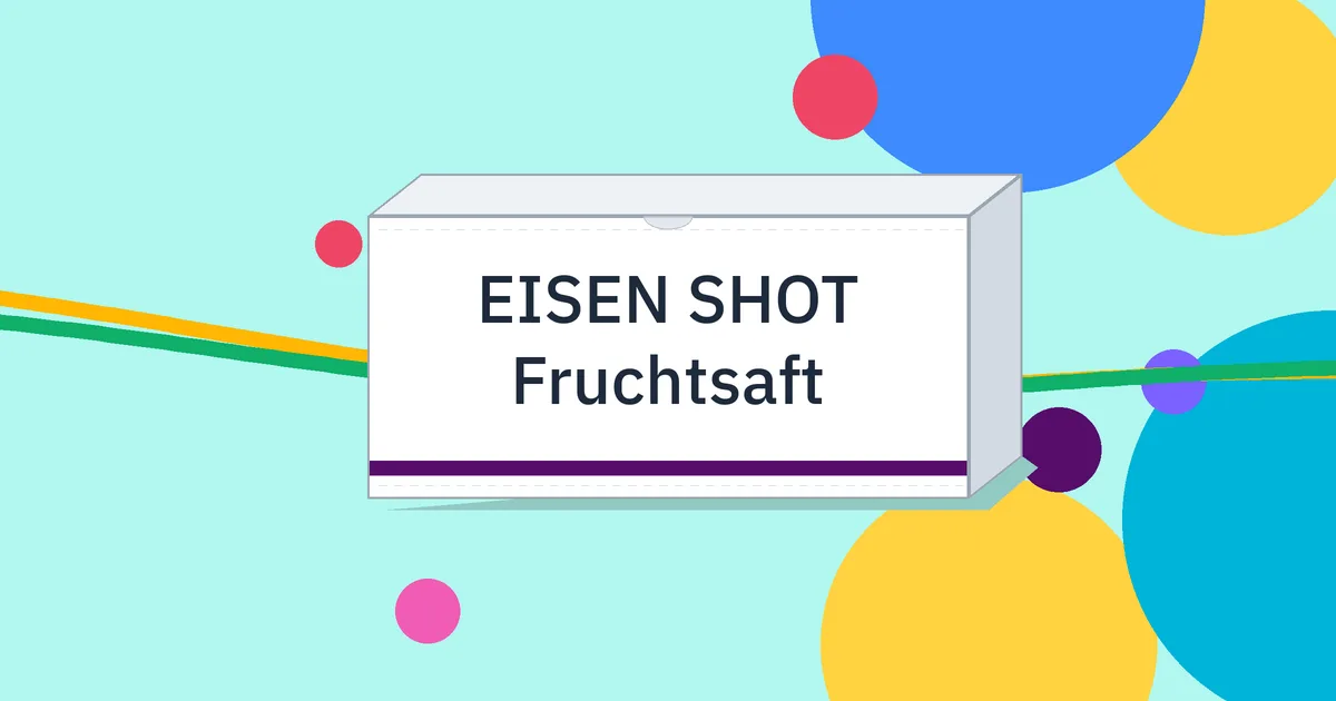 Symbolbild: Packung mit der Aufschrift EISEN SHOT Fruchtsaft (PZN 17636334) – Verfügbarkeit und Bezug in Apotheken in Frankfurt am Main