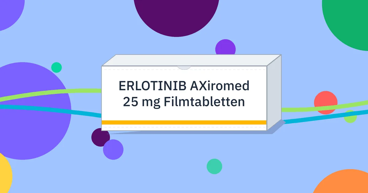 Symbolbild: Packung mit der Aufschrift ERLOTINIB AXiromed 25 mg Filmtabletten (PZN 16239542) – Verfügbarkeit und Bezug in Apotheken in Frankfurt am Main