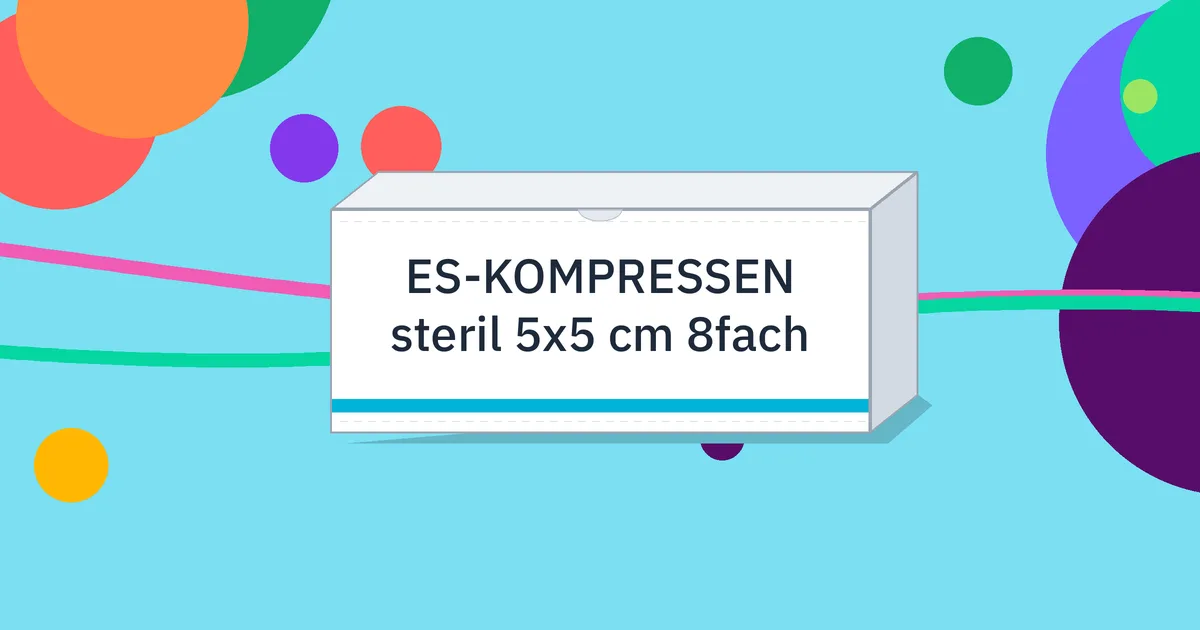 Symbolbild: Packung mit der Aufschrift ES-KOMPRESSEN steril 5x5 cm 8fach (PZN 18879748) – Verfügbarkeit und Bezug in Apotheken in Frankfurt am Main