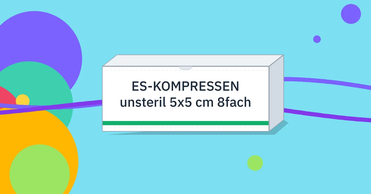Symbolbild: Packung mit der Aufschrift ES-KOMPRESSEN unsteril 5x5 cm 8fach (PZN 20025611) – Verfügbarkeit und Bezug in Apotheken in Frankfurt am Main