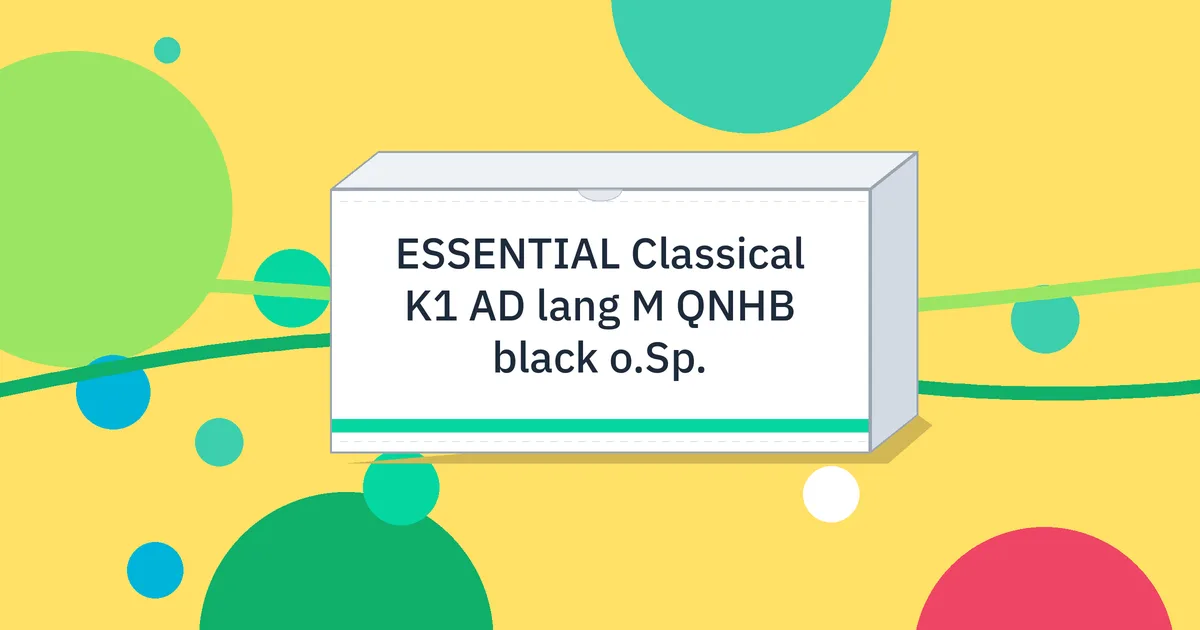 Symbolbild: Packung mit der Aufschrift ESSENTIAL Classical K1 AD lang M QNHB black o.Sp. (PZN 18866088) – Verfügbarkeit und Bezug in Apotheken in Frankfurt am Main