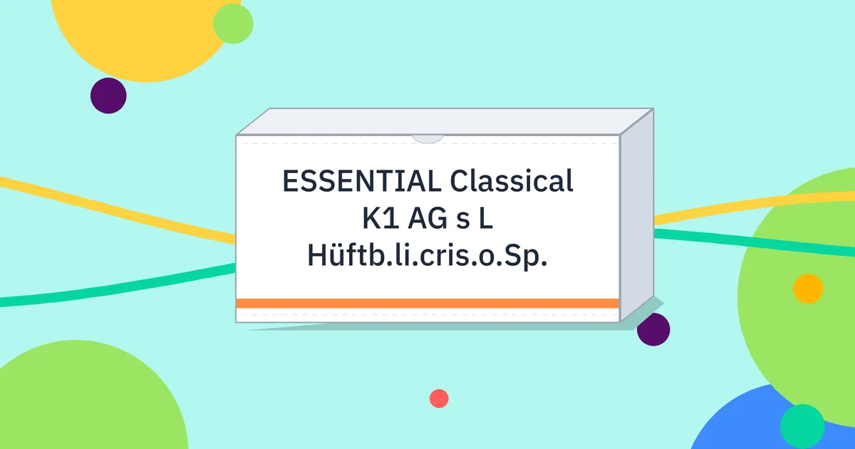 Symbolbild: Packung mit der Aufschrift ESSENTIAL Classical K1 AG s L Hüftb.li.cris.o.Sp. (PZN 17011982) – Verfügbarkeit und Bezug in Apotheken in Frankfurt am Main
