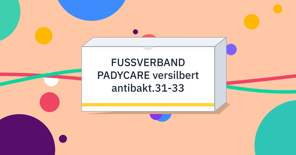 Symbolbild: Packung mit der Aufschrift FUSSVERBAND PADYCARE versilbert antibakt.31-33 (PZN 10939876) – Verfügbarkeit und Bezug in Apotheken in Frankfurt am Main