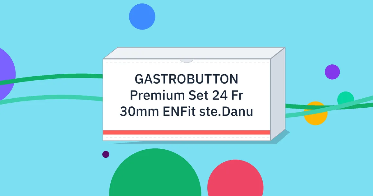 Symbolbild: Packung mit der Aufschrift GASTROBUTTON Premium Set 24 Fr 30mm ENFit ste.Danu (PZN 16884188) – Verfügbarkeit und Bezug in Apotheken in Frankfurt am Main