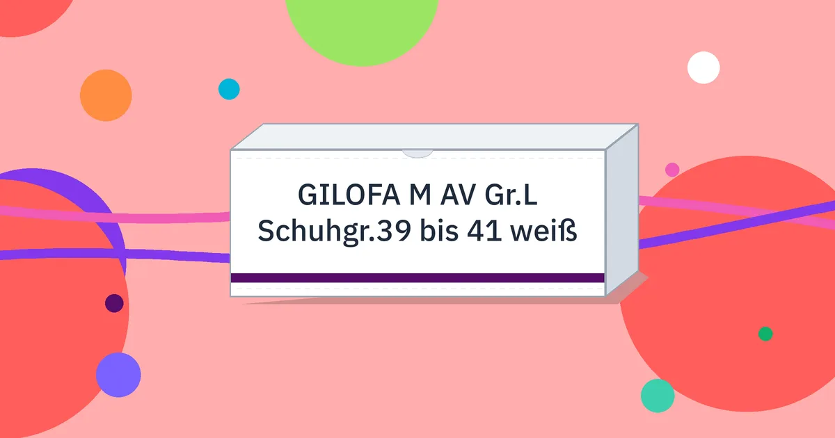 Symbolbild: Packung mit der Aufschrift GILOFA M AV Gr.L Schuhgr.39 bis 41 weiß (PZN 16726489) – Verfügbarkeit und Bezug in Apotheken in Frankfurt am Main