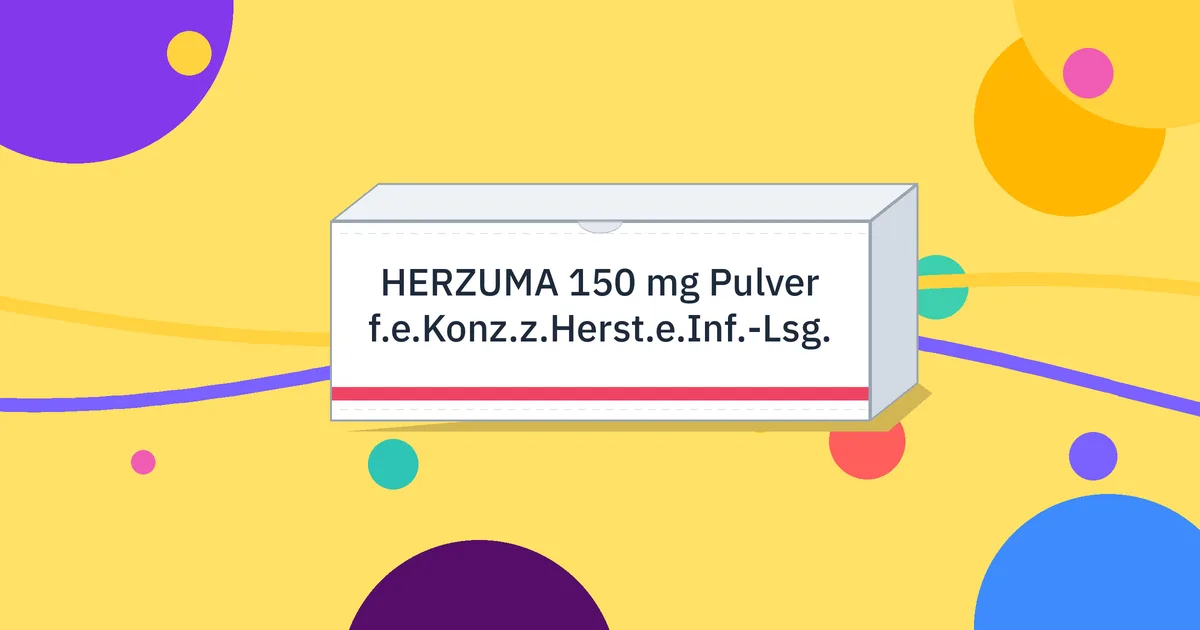 Symbolbild: Packung mit der Aufschrift HERZUMA 150 mg Pulver f.e.Konz.z.Herst.e.Inf.-Lsg. (PZN 14325852) – Verfügbarkeit und Bezug in Apotheken in Frankfurt am Main