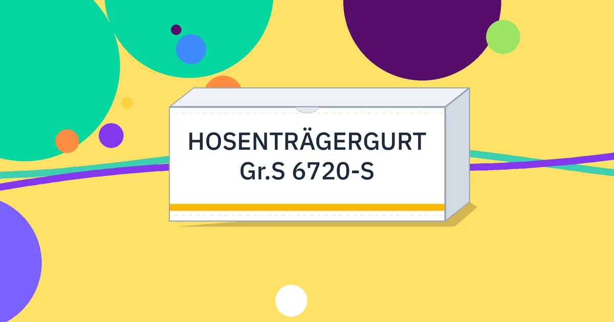 Symbolbild: Packung mit der Aufschrift HOSENTRÄGERGURT Gr.S 6720-S (PZN 13586711) – Verfügbarkeit und Bezug in Apotheken in Frankfurt am Main