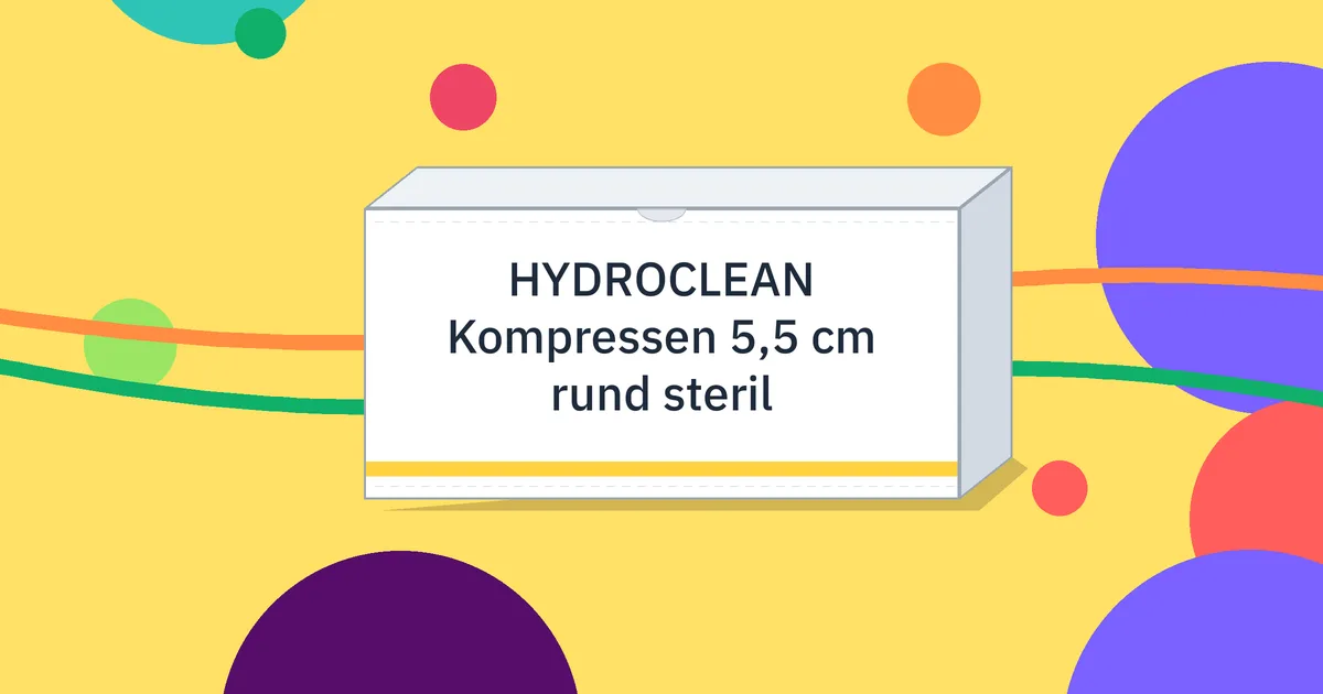 Symbolbild: Packung mit der Aufschrift HYDROCLEAN Kompressen 5,5 cm rund steril (PZN 15297098) – Verfügbarkeit und Bezug in Apotheken in Frankfurt am Main
