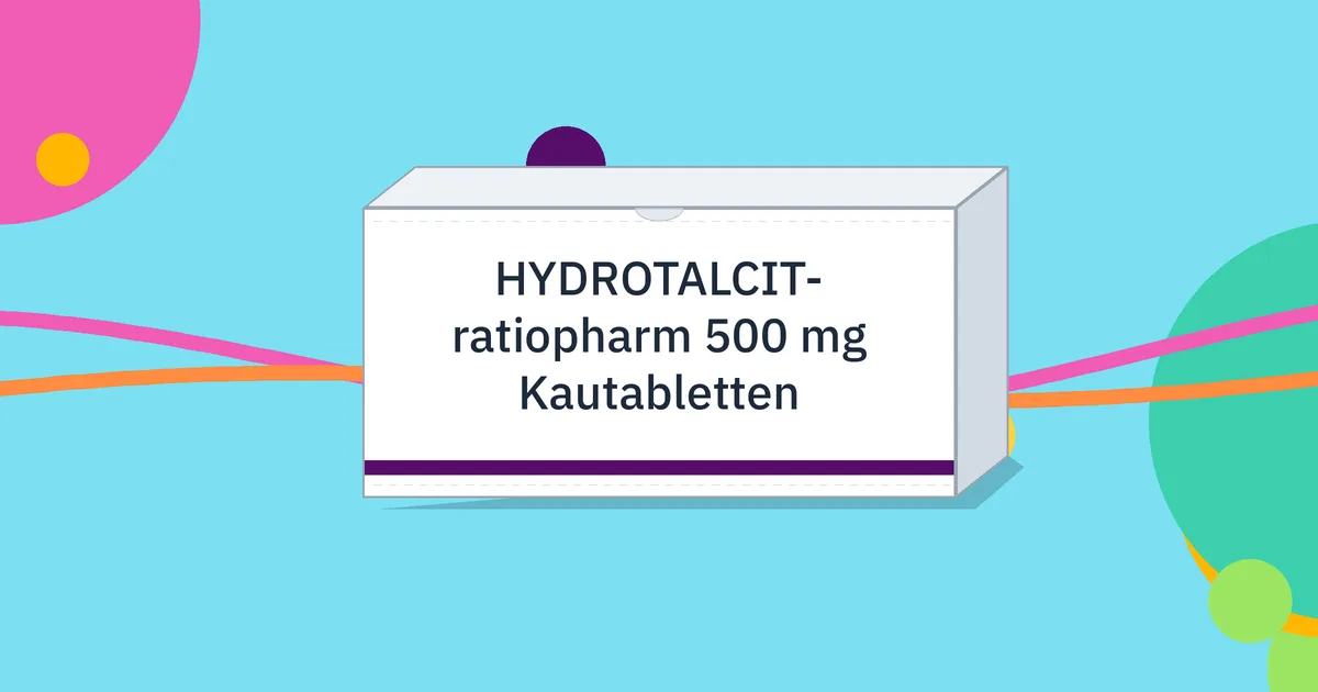 Symbolbild: Packung mit der Aufschrift HYDROTALCIT-ratiopharm 500 mg Kautabletten (PZN 07105995) – Verfügbarkeit und Bezug in Apotheken in Frankfurt am Main