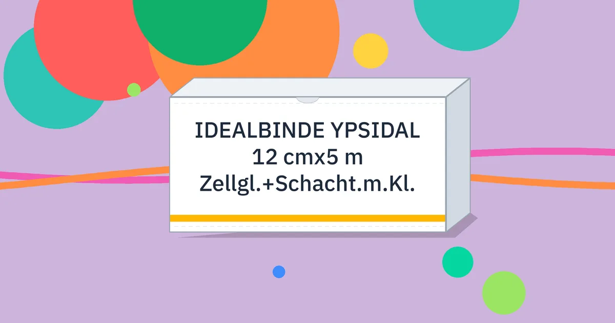 Symbolbild: Packung mit der Aufschrift IDEALBINDE YPSIDAL 12 cmx5 m Zellgl.+Schacht.m.Kl. (PZN 03307733) – Verfügbarkeit und Bezug in Apotheken in Frankfurt am Main