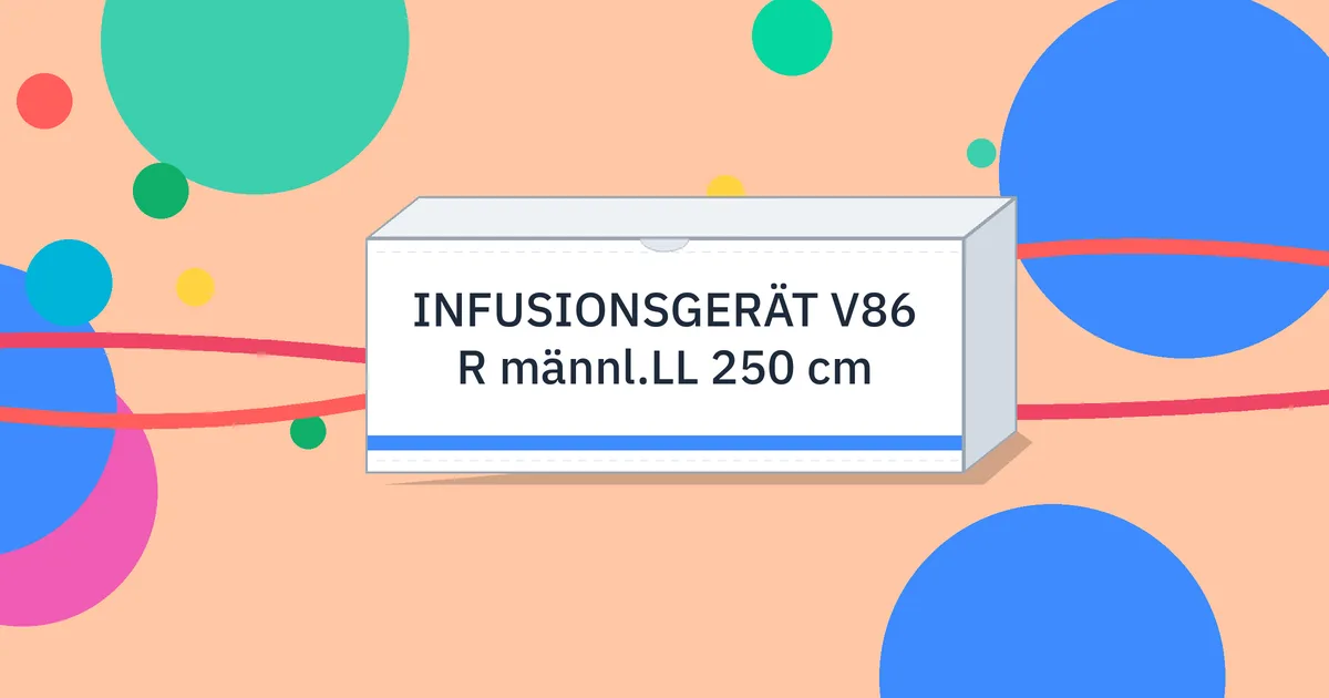 Symbolbild: Packung mit der Aufschrift INFUSIONSGERÄT V86 R männl.LL 250 cm (PZN 12731536) – Verfügbarkeit und Bezug in Apotheken in Frankfurt am Main
