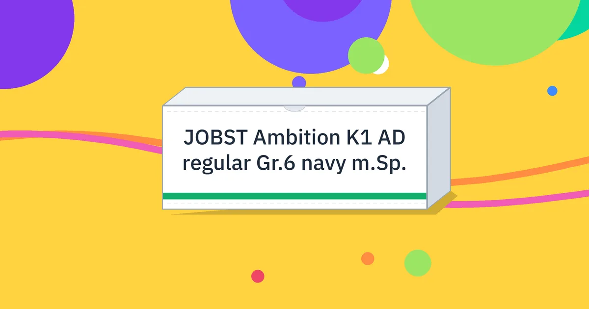 Symbolbild: Packung mit der Aufschrift JOBST Ambition K1 AD regular Gr.6 navy m.Sp. (PZN 11020359) – Verfügbarkeit und Bezug in Apotheken in Frankfurt am Main