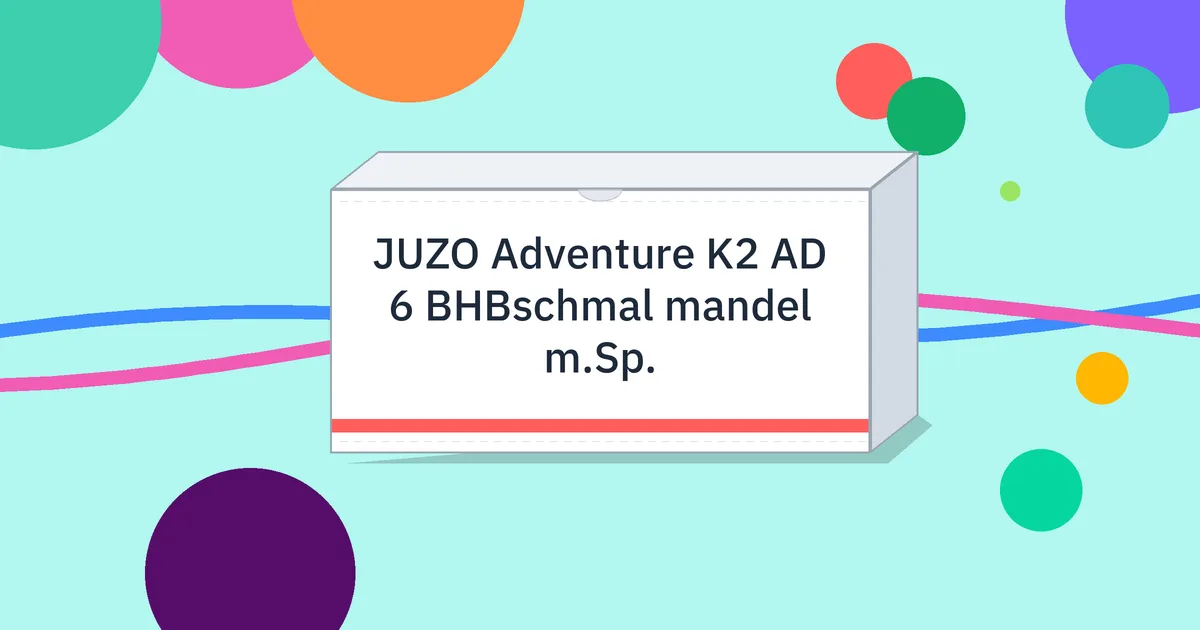Symbolbild: Packung mit der Aufschrift JUZO Adventure K2 AD 6 BHBschmal mandel m.Sp. (PZN 15497153) – Verfügbarkeit und Bezug in Apotheken in Frankfurt am Main