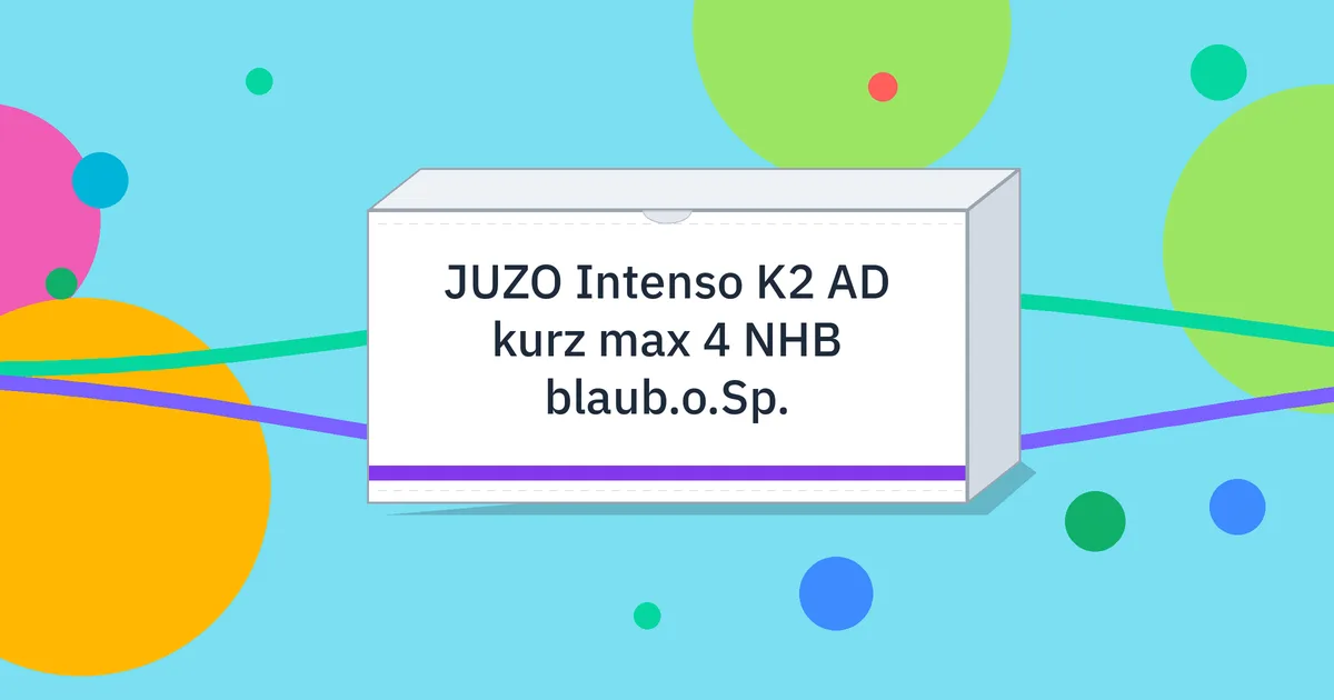 Symbolbild: Packung mit der Aufschrift JUZO Intenso K2 AD kurz max 4 NHB blaub.o.Sp. (PZN 18622765) – Verfügbarkeit und Bezug in Apotheken in Frankfurt am Main