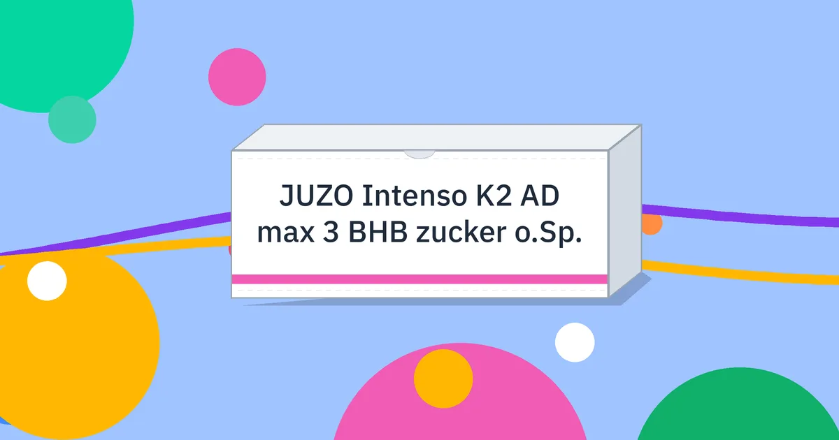 Symbolbild: Packung mit der Aufschrift JUZO Intenso K2 AD max 3 BHB zucker o.Sp. (PZN 18626579) – Verfügbarkeit und Bezug in Apotheken in Frankfurt am Main