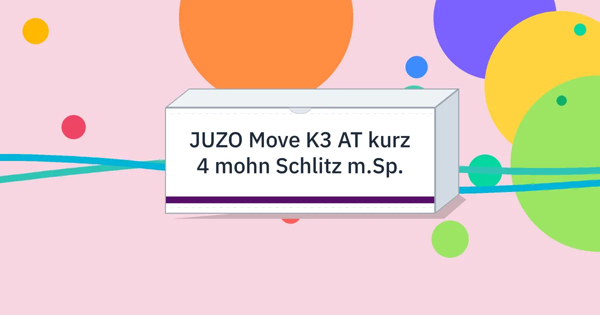 Symbolbild: Packung mit der Aufschrift JUZO Move K3 AT kurz 4 mohn Schlitz m.Sp. (PZN 20684377) – Verfügbarkeit und Bezug in Apotheken in Frankfurt am Main