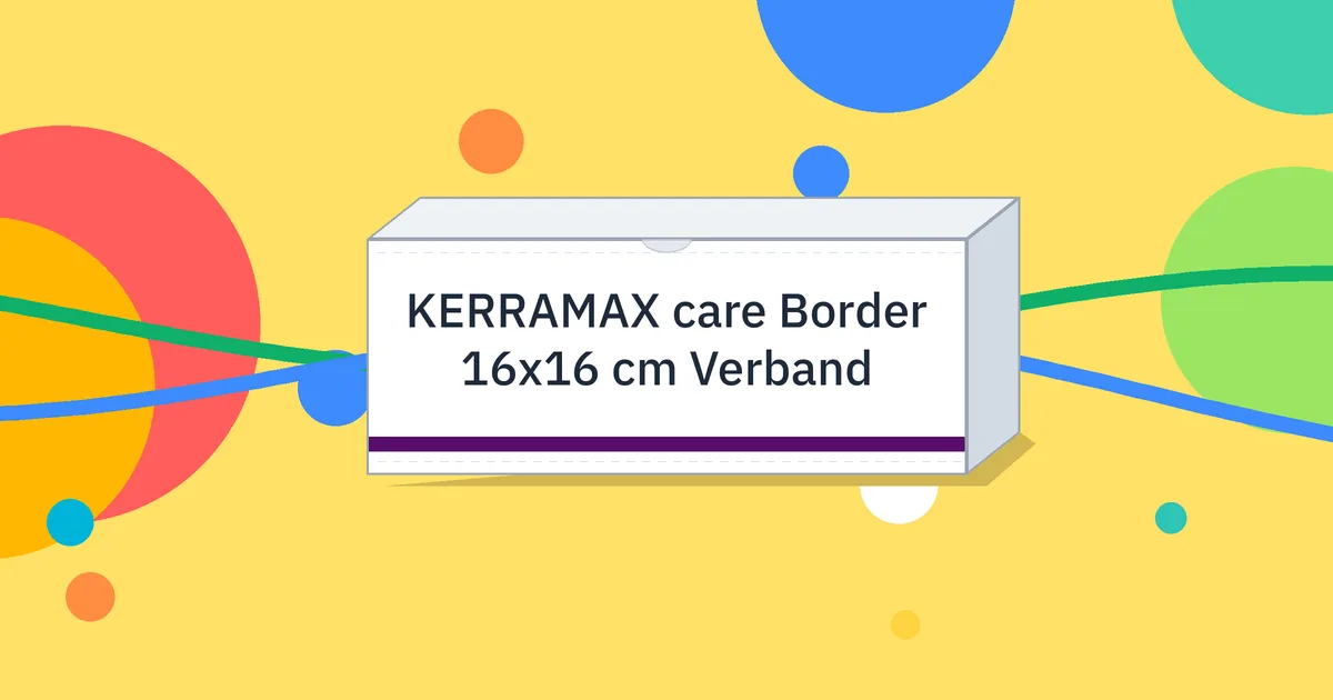 Symbolbild: Packung mit der Aufschrift KERRAMAX care Border 16x16 cm Verband (PZN 20327861) – Verfügbarkeit und Bezug in Apotheken in Frankfurt am Main